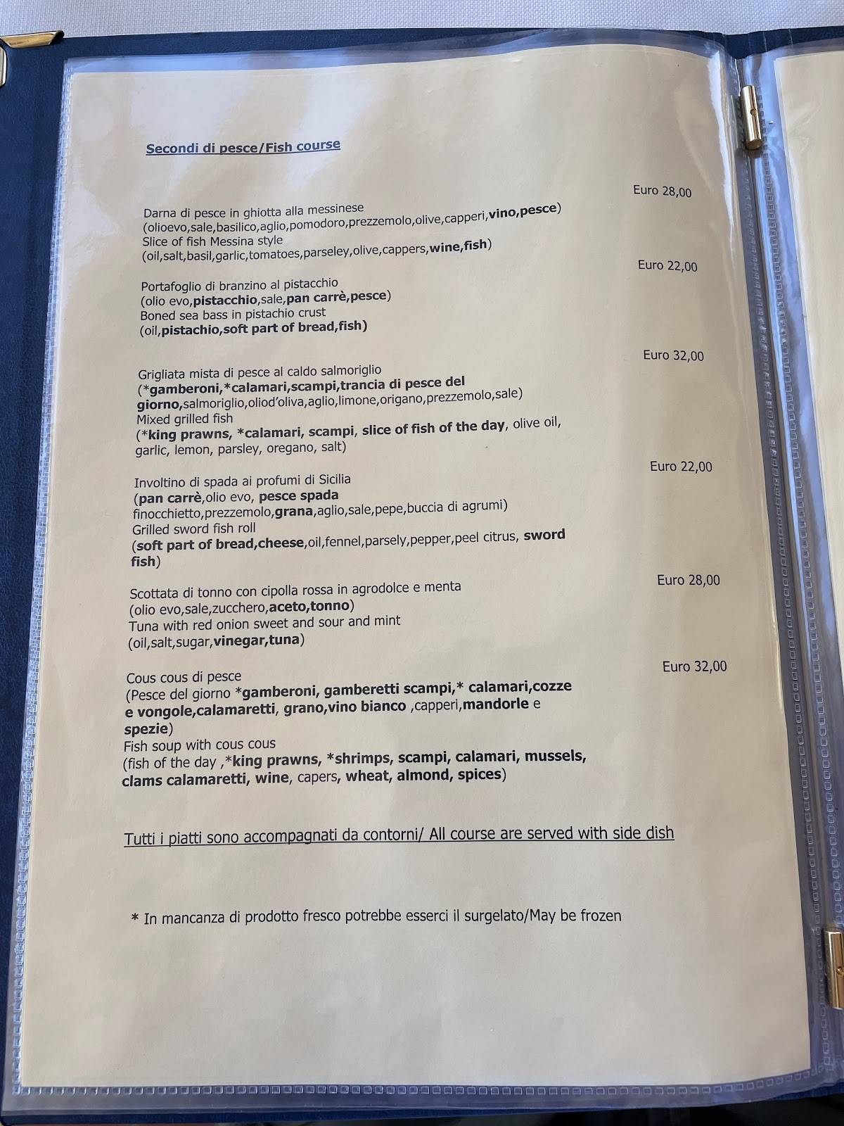 Menu at Al Saraceno restaurant, Taormina, Via Madonna della Rocca