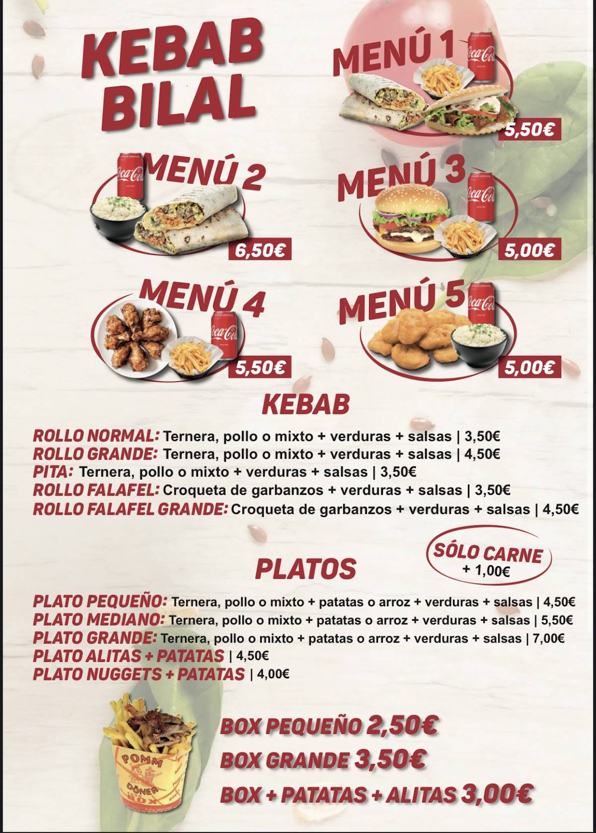 Menu at Al-jaima Bilal restaurant, Elche
