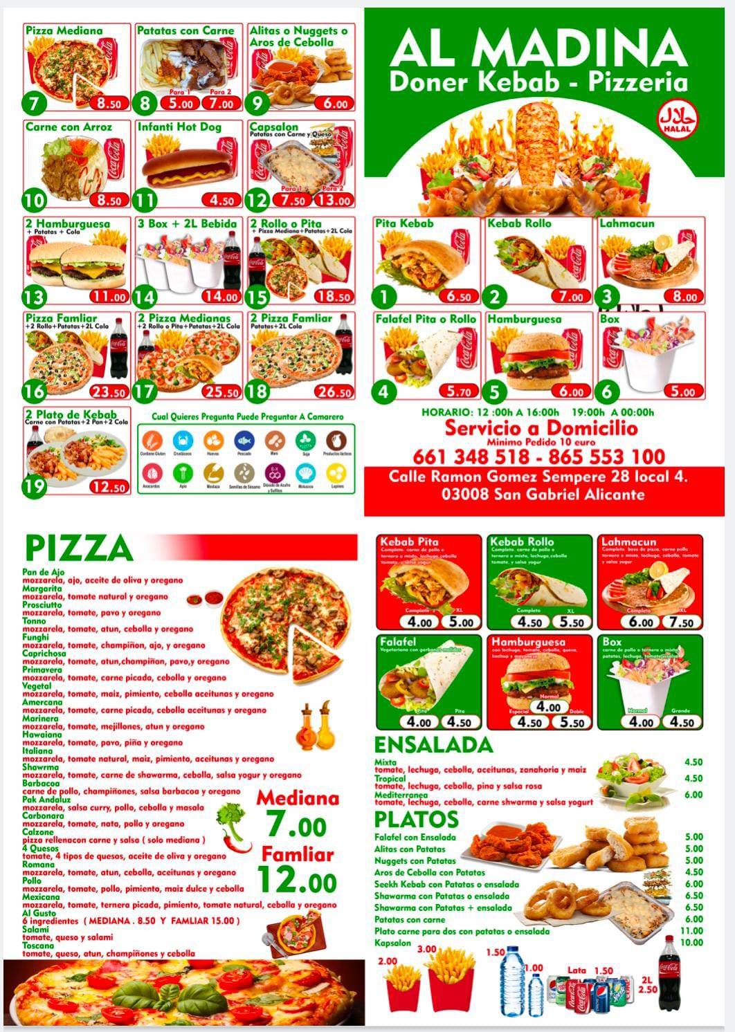 Menu at Al madina doner kebab y pizzeria, Alicante