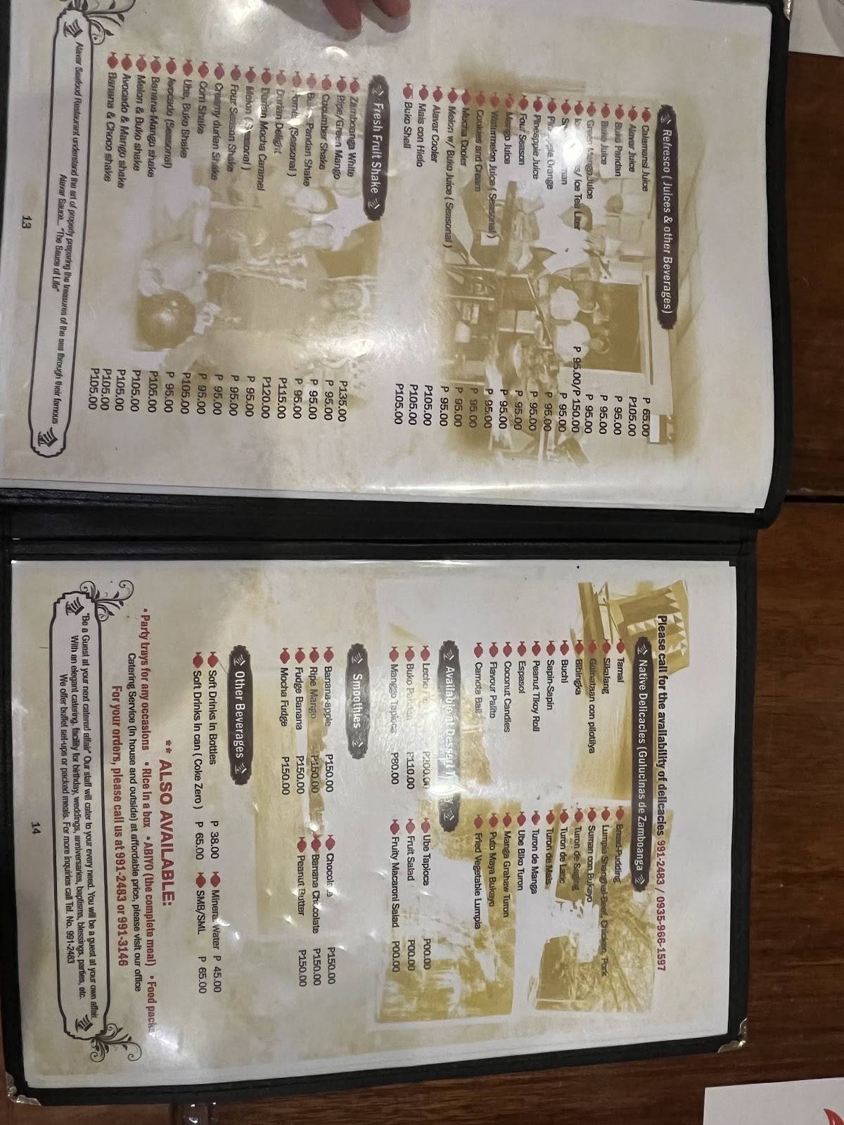 Menu at Alavar Seafood Restaurant, Zamboanga, 173 Don Alfaro St