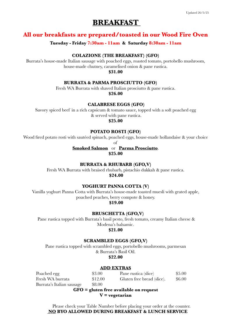 Menu at Burrata Wood Fired Cafe, Albany