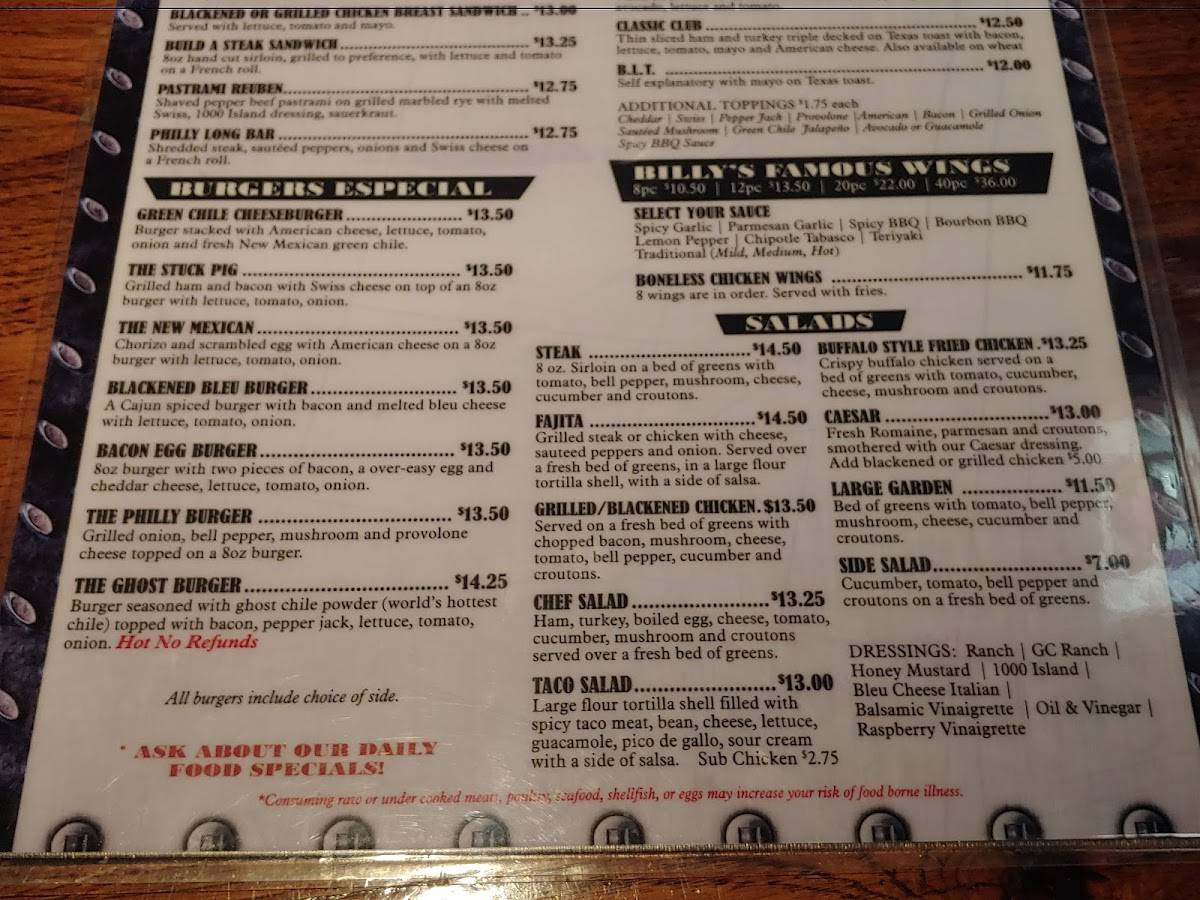 Menu at Billy's Long Bar, Albuquerque