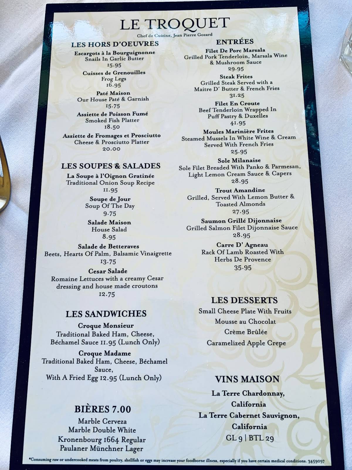 Carta del restaurante Le Troquet, Albuquerque