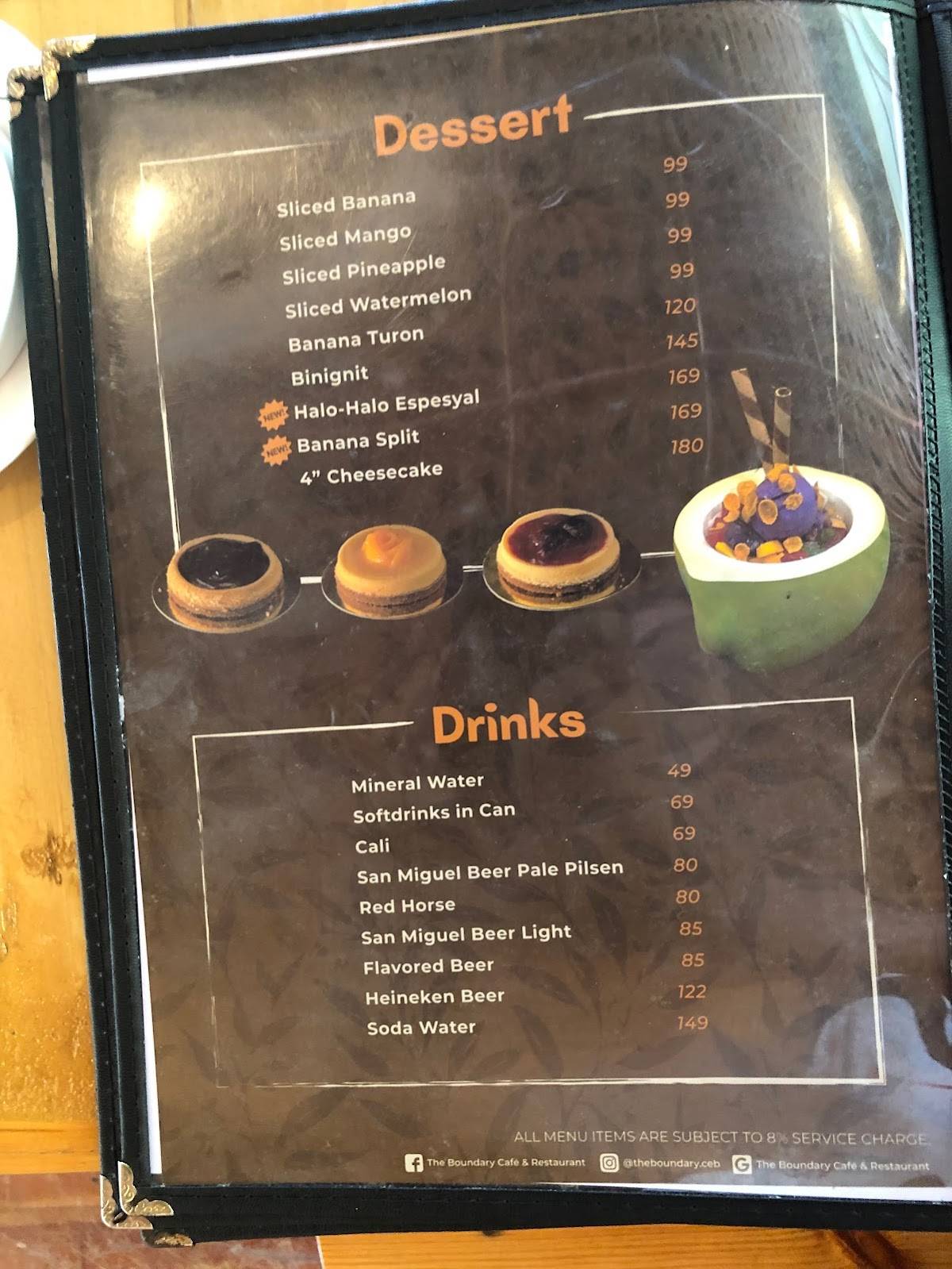 Carta de The Boundary Café & Restaurant, Alcantara