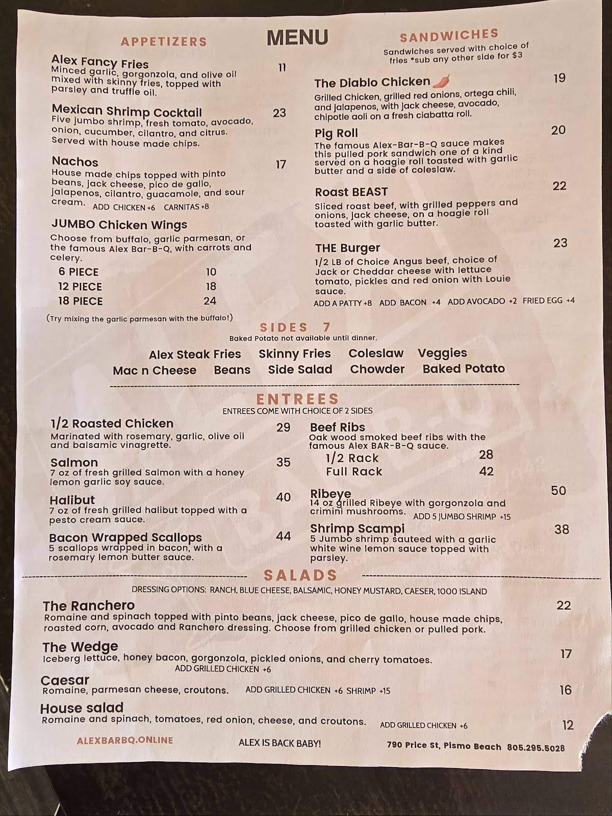 Menu at Alex Bar-B-Q, Pismo Beach