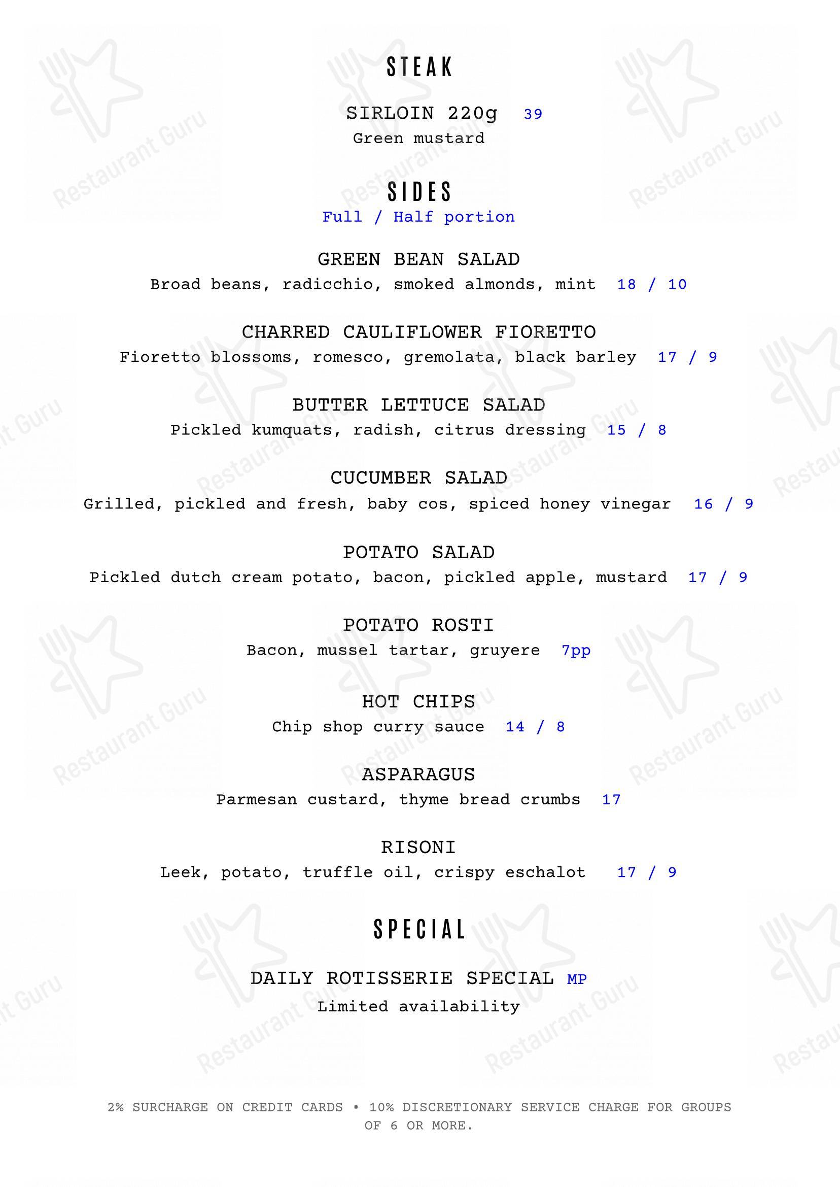 Menu at Alfie's steakhouse, Sydney