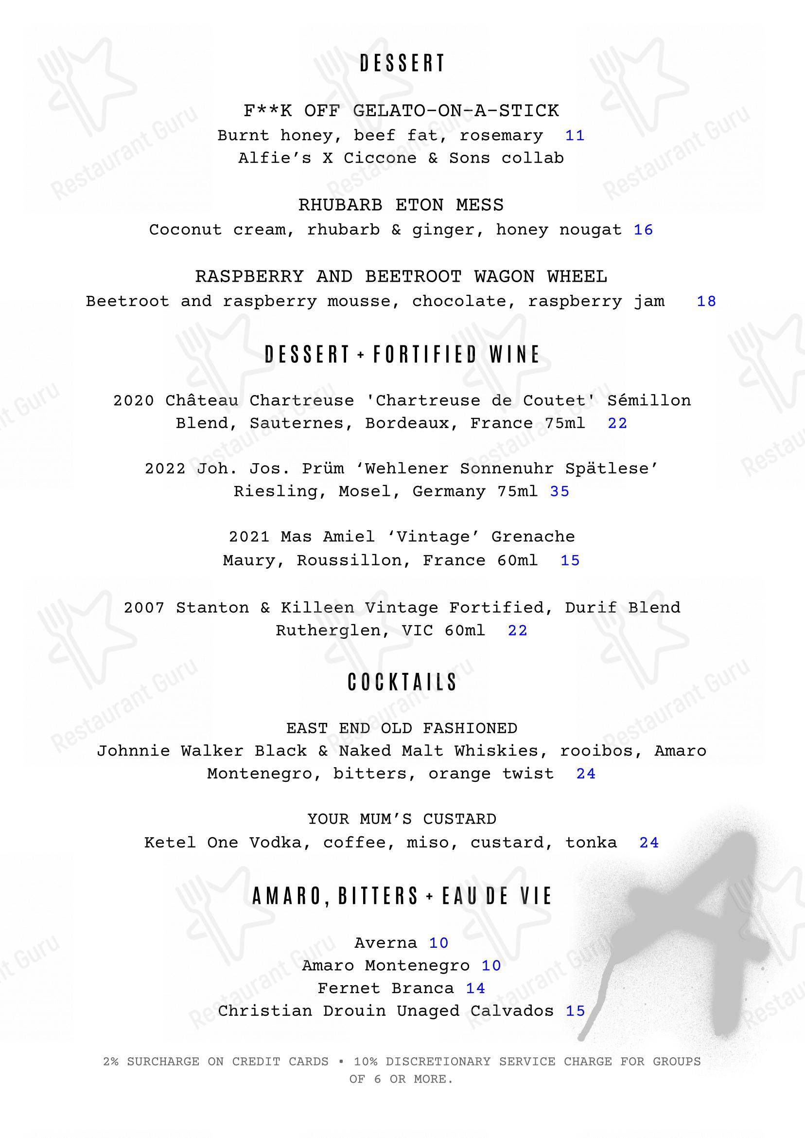 Menu at Alfie's steakhouse, Sydney