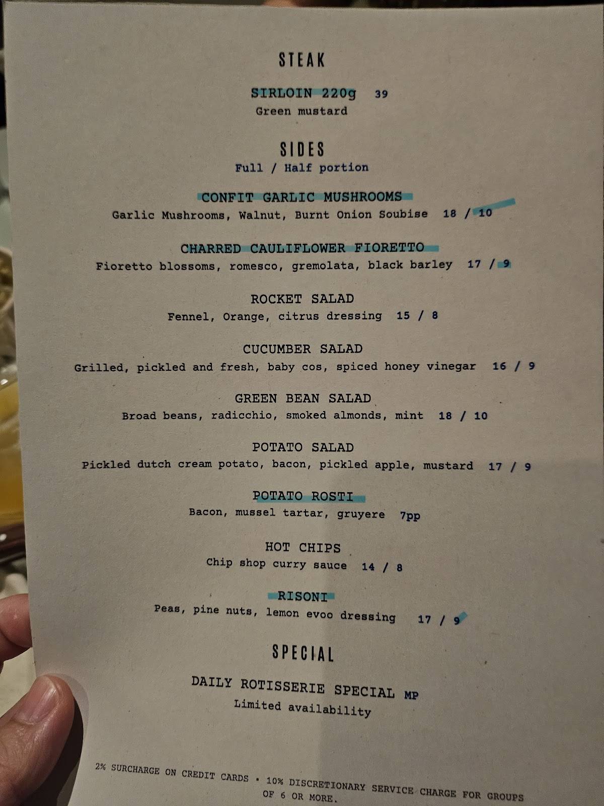 Menu at Alfie's steakhouse, Sydney