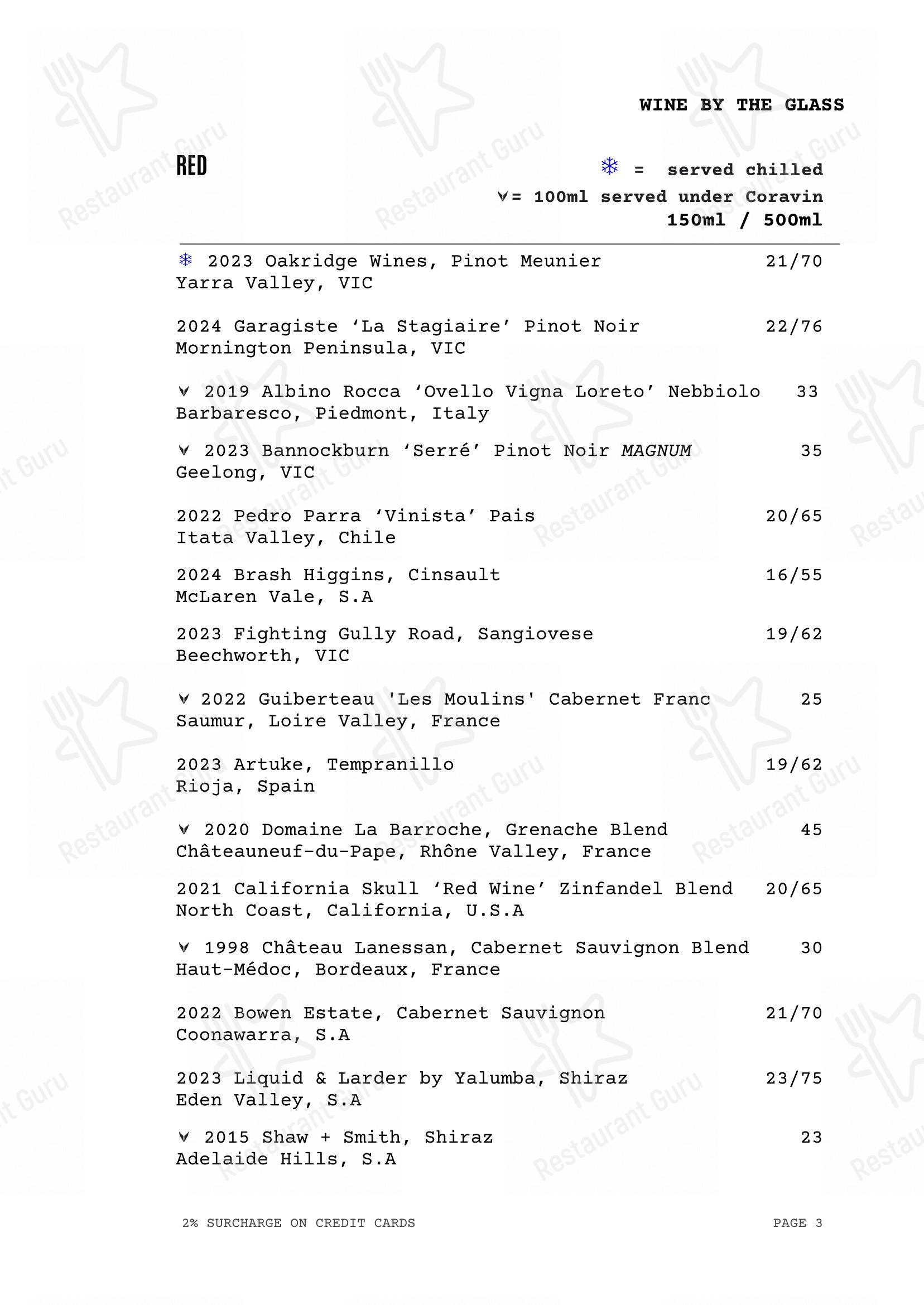 Menu at Alfie's steakhouse, Sydney