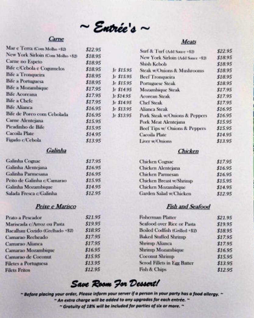 Menu at Alianca Restaurant, New Bedford, 98 Cove St
