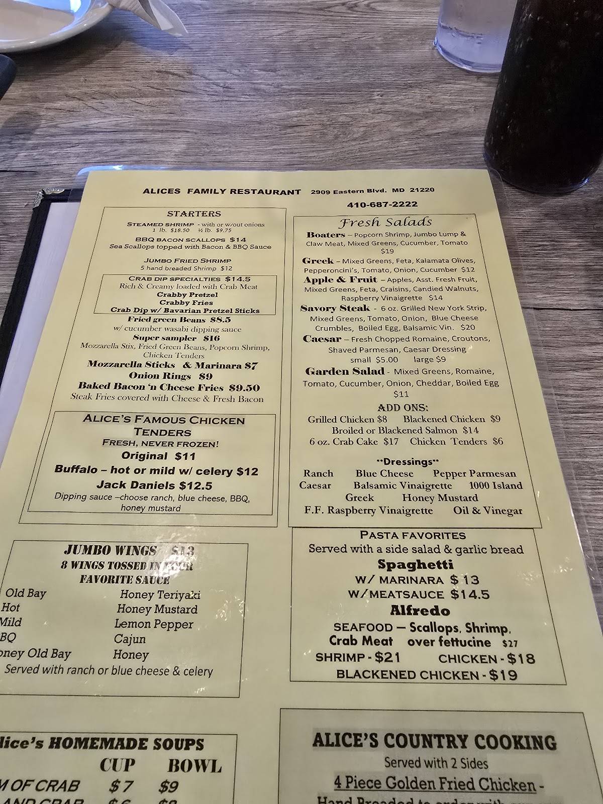 Menu at Alice's - A Family Restaurant, Middle River