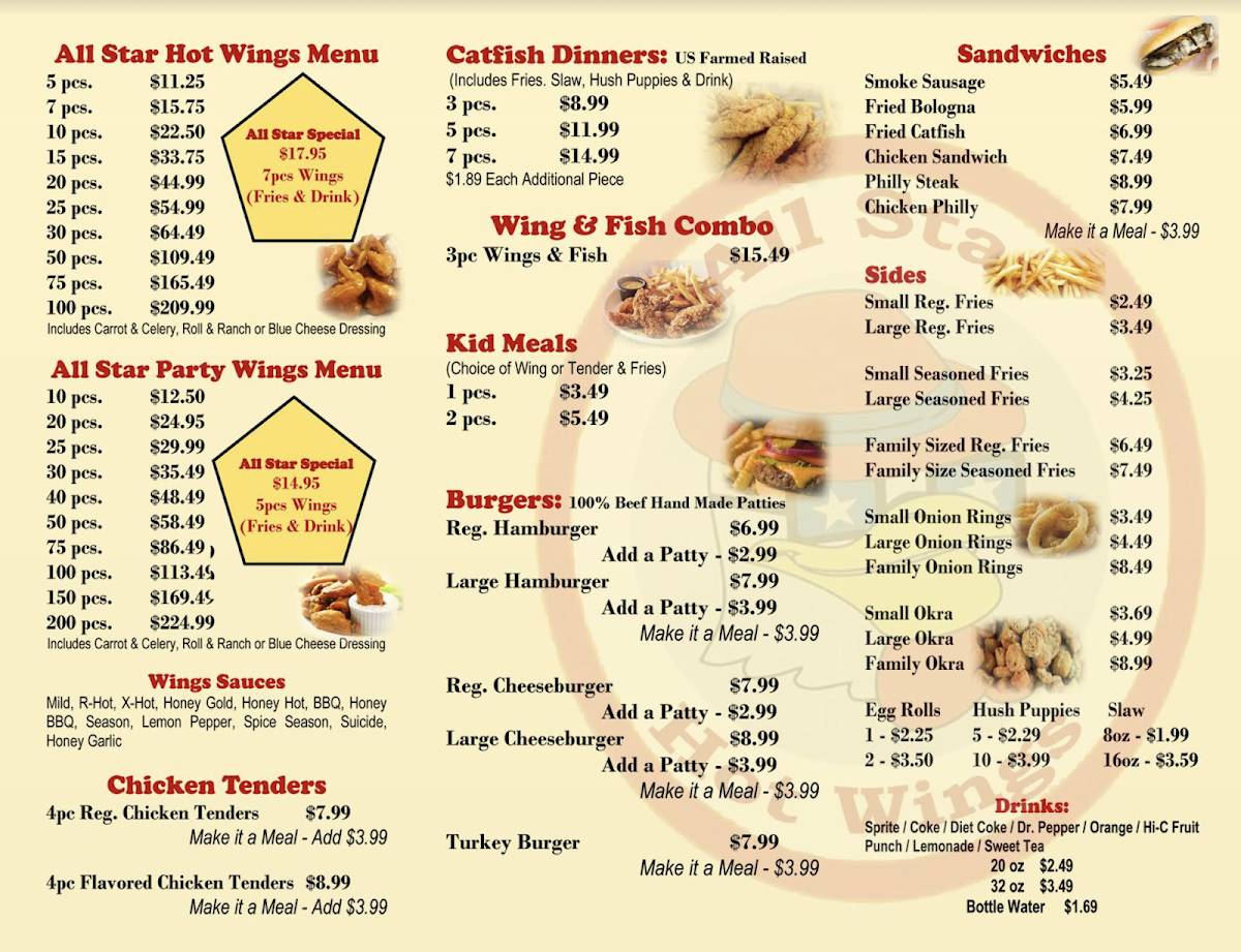 Menu at All Star Hot Wings restaurant, Memphis, Summer Ave