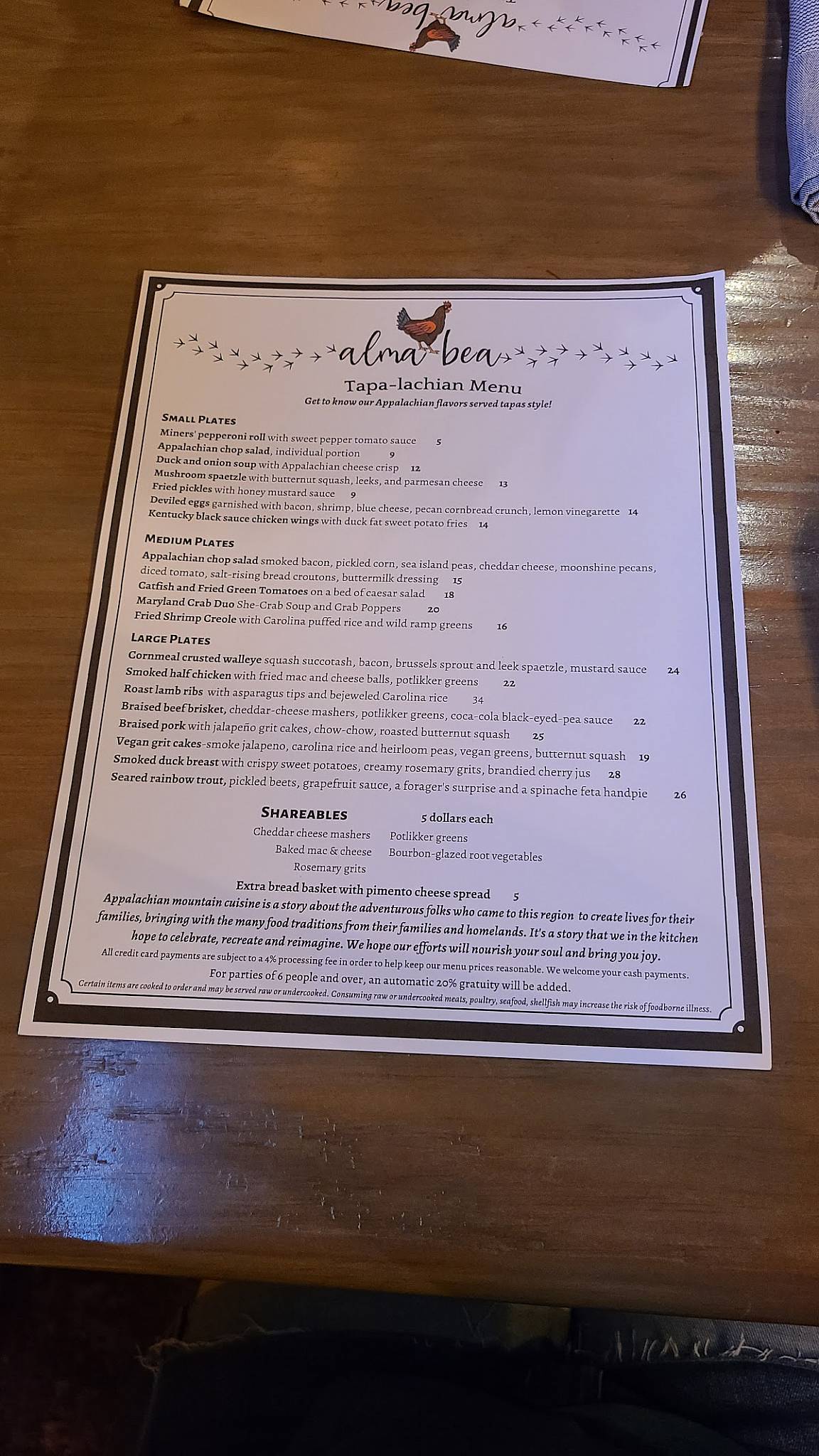 Menu at Alma Bea pub & bar, Shepherdstown