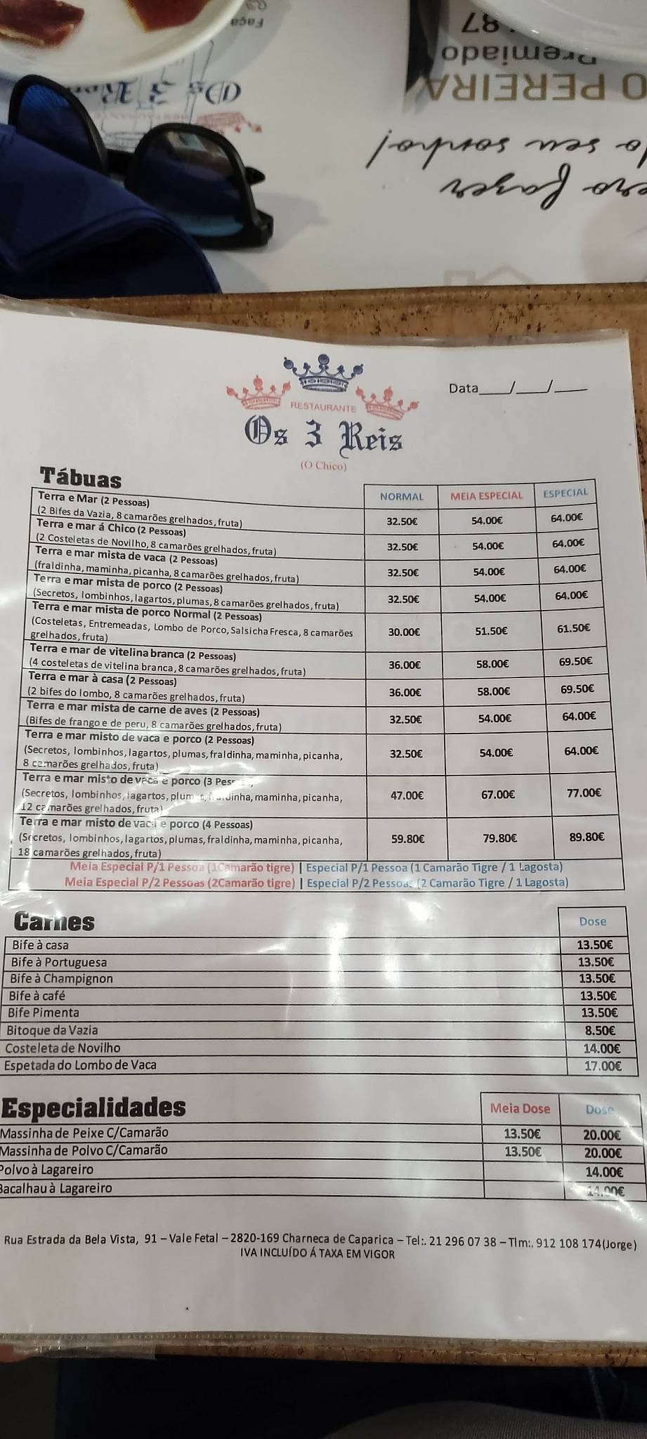 Menu em O Chico os 3 Reis restaurante, Charneca de Caparica