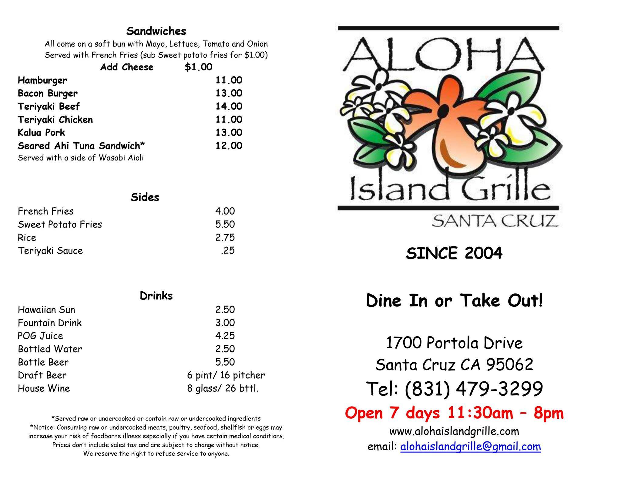 Menu at Aloha Island Grille restaurant, Santa Cruz