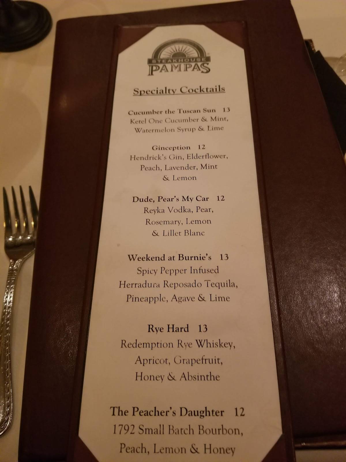 Menu at Pampas Steakhouse, Johns Creek