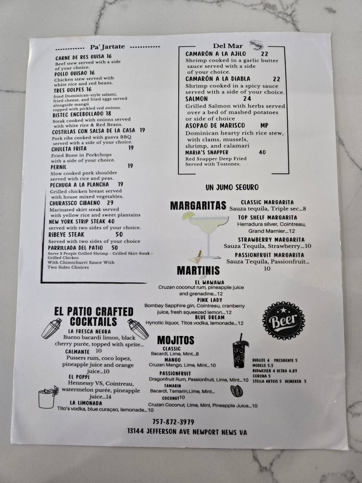 Menu at El Patio Dominican Restaurant & Lounge, Newport News