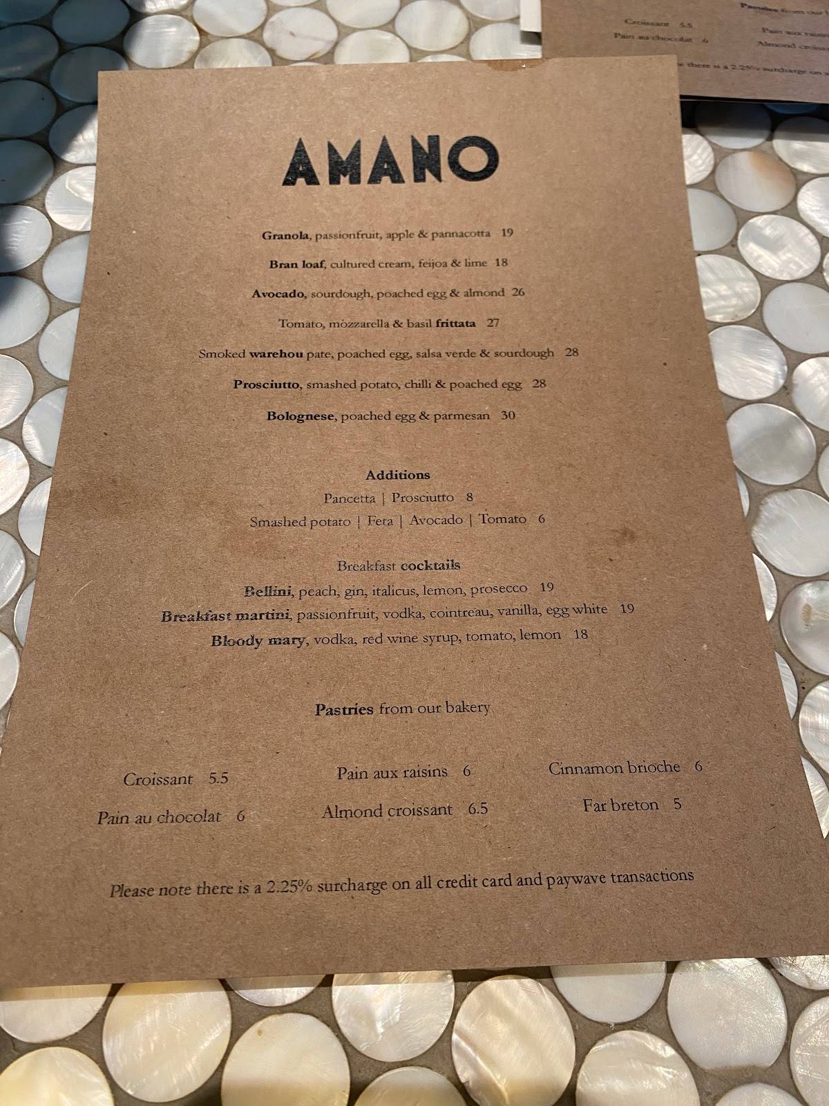 Menu at Amano restaurant, Auckland, 66 - 68