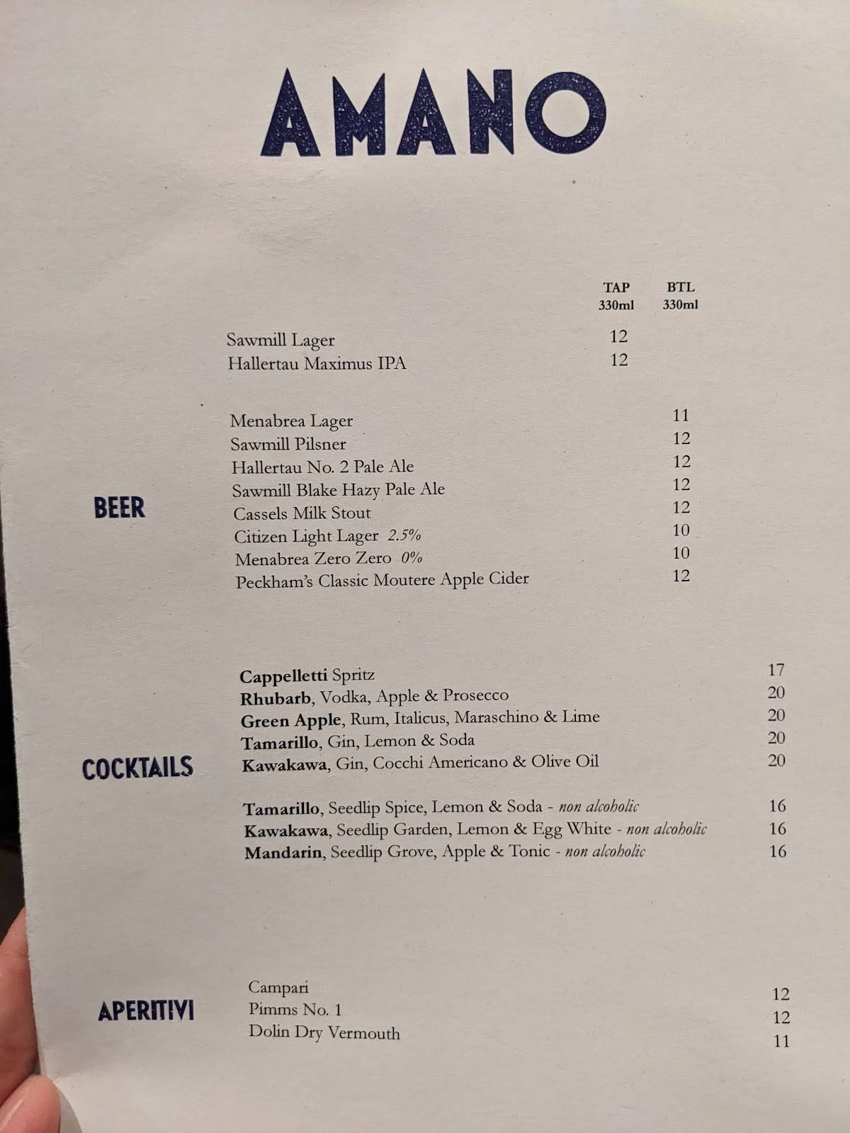 Menu at Amano restaurant, Auckland, 66 - 68