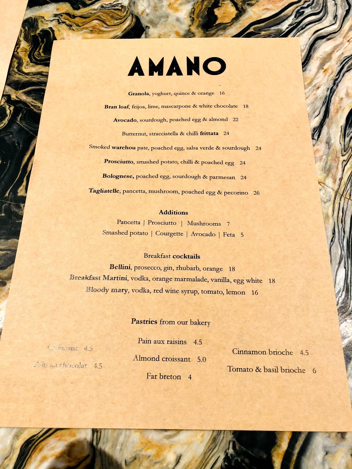 Menu at Amano restaurant, Auckland, 66 - 68
