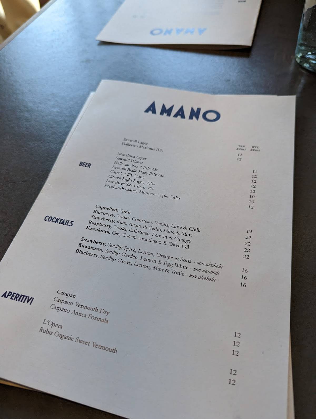 Menu at Amano restaurant, Auckland, 66 - 68