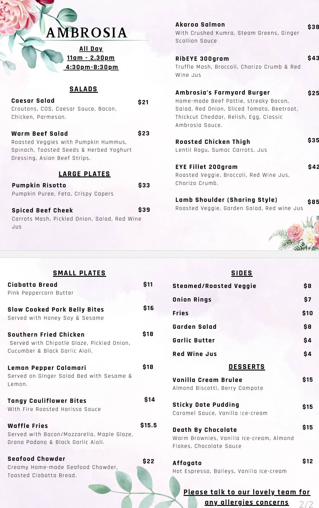 Menu at Ambrosia Restaurant & Bar, Amberley