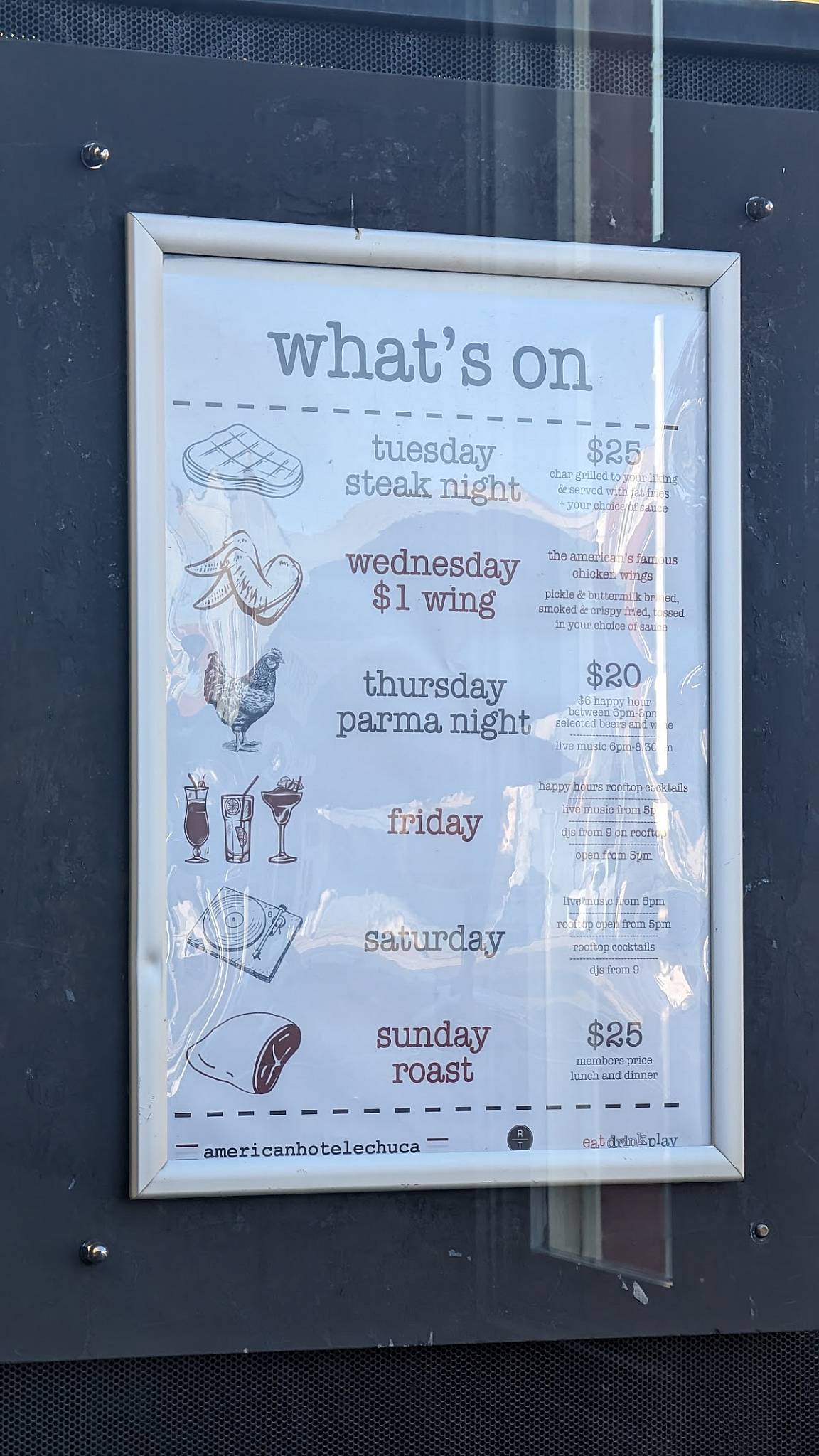 Menu at American Hotel Echuca pub & bar, Echuca