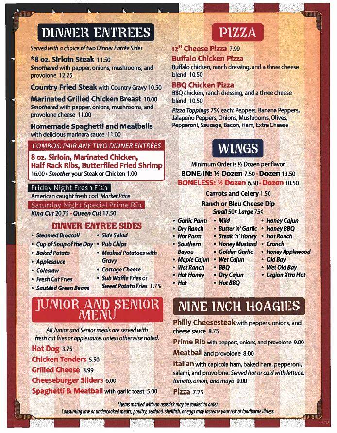Menu at American Legion Post 205 restaurant, Saegertown