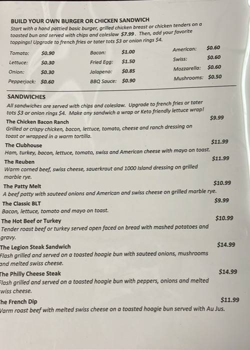 Menu at American Legion Post pub & bar, Pine City