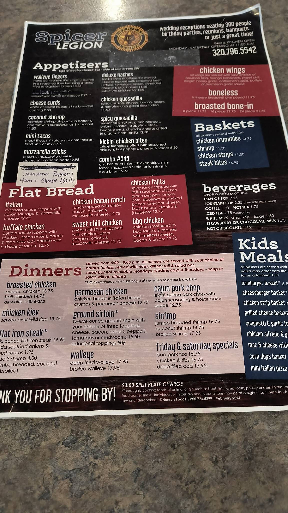 Menu at American Legion restaurant, Spicer