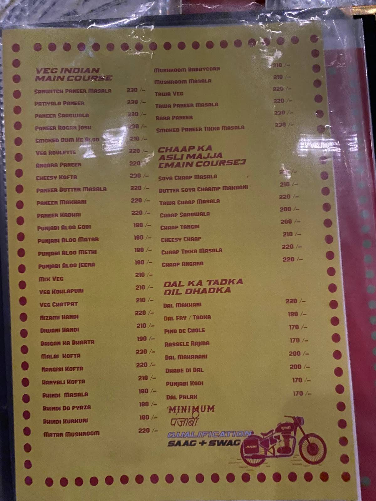 Menu at Amritsari Aangan, Hyderabad