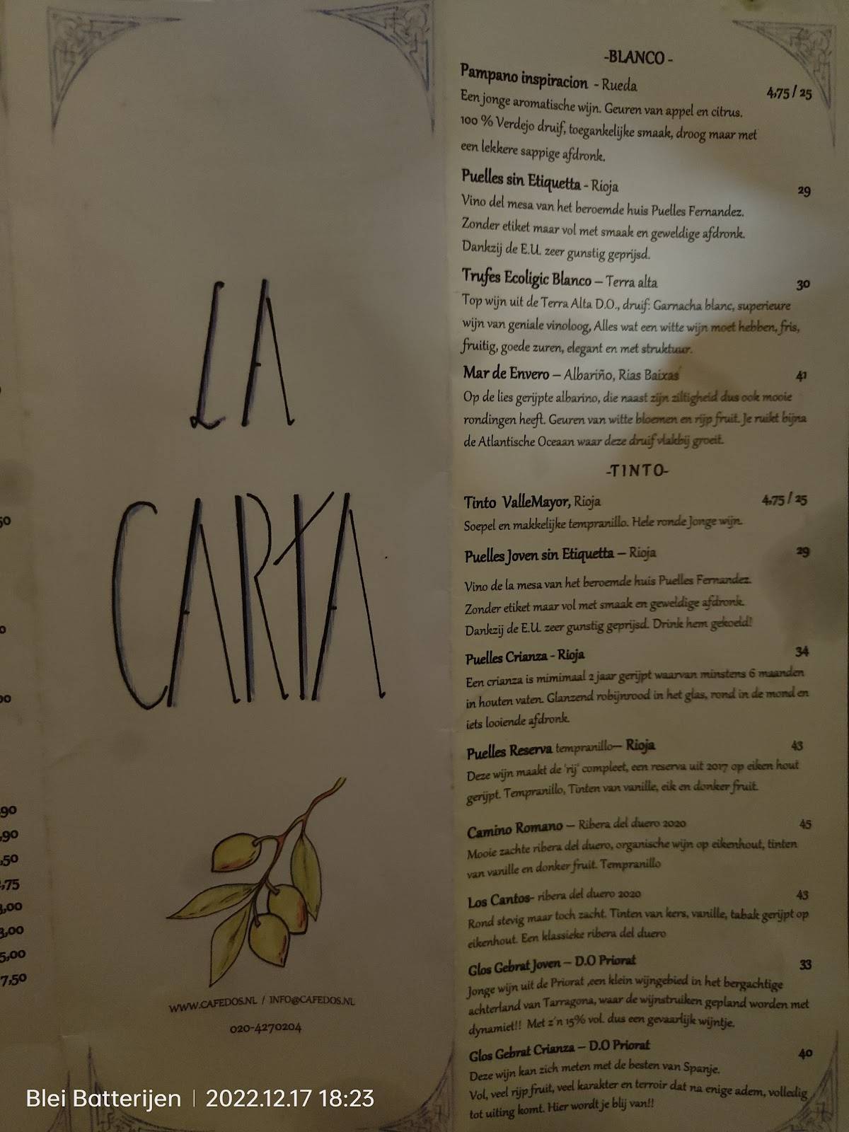 Menu at Duende Dos, Amsterdam