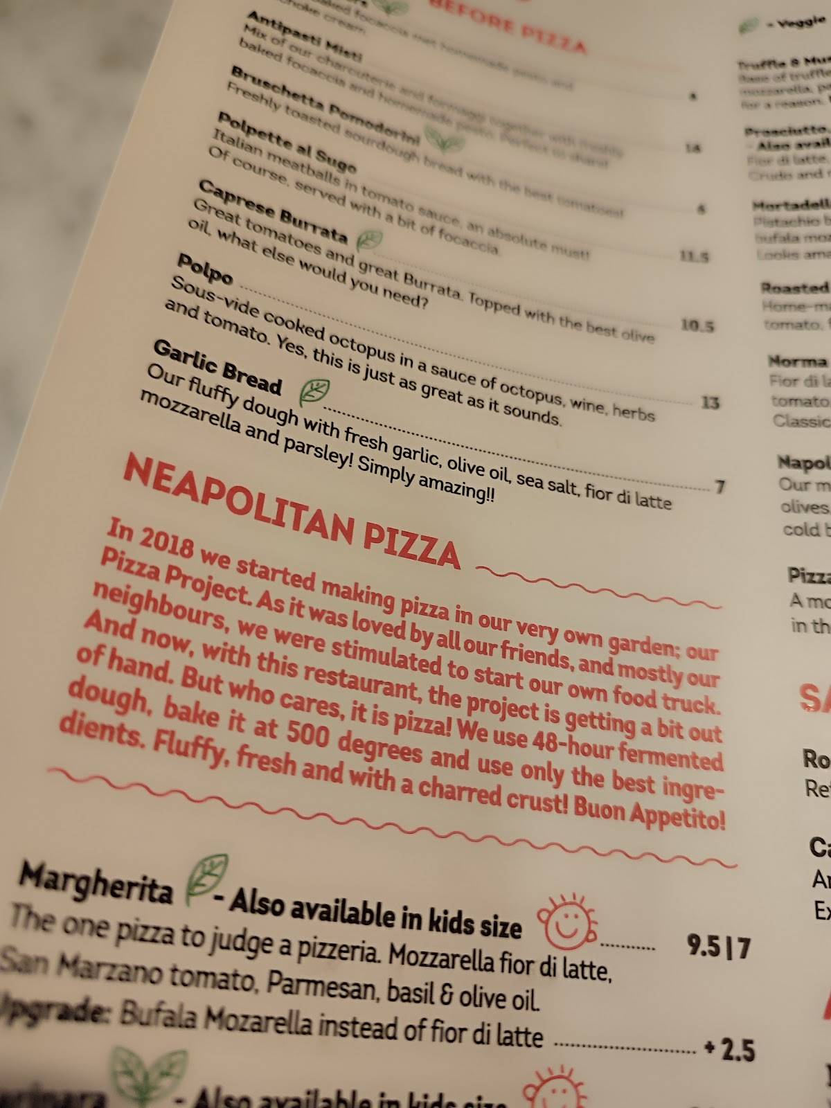 Menu at Pizza Project, Amsterdam
