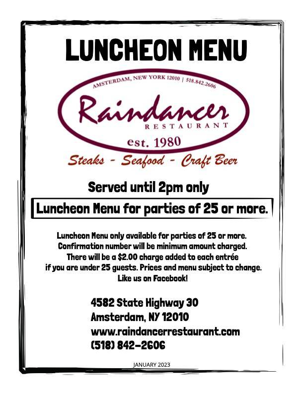 Menu at Raindancer Restaurant, Amsterdam, State Highway 30