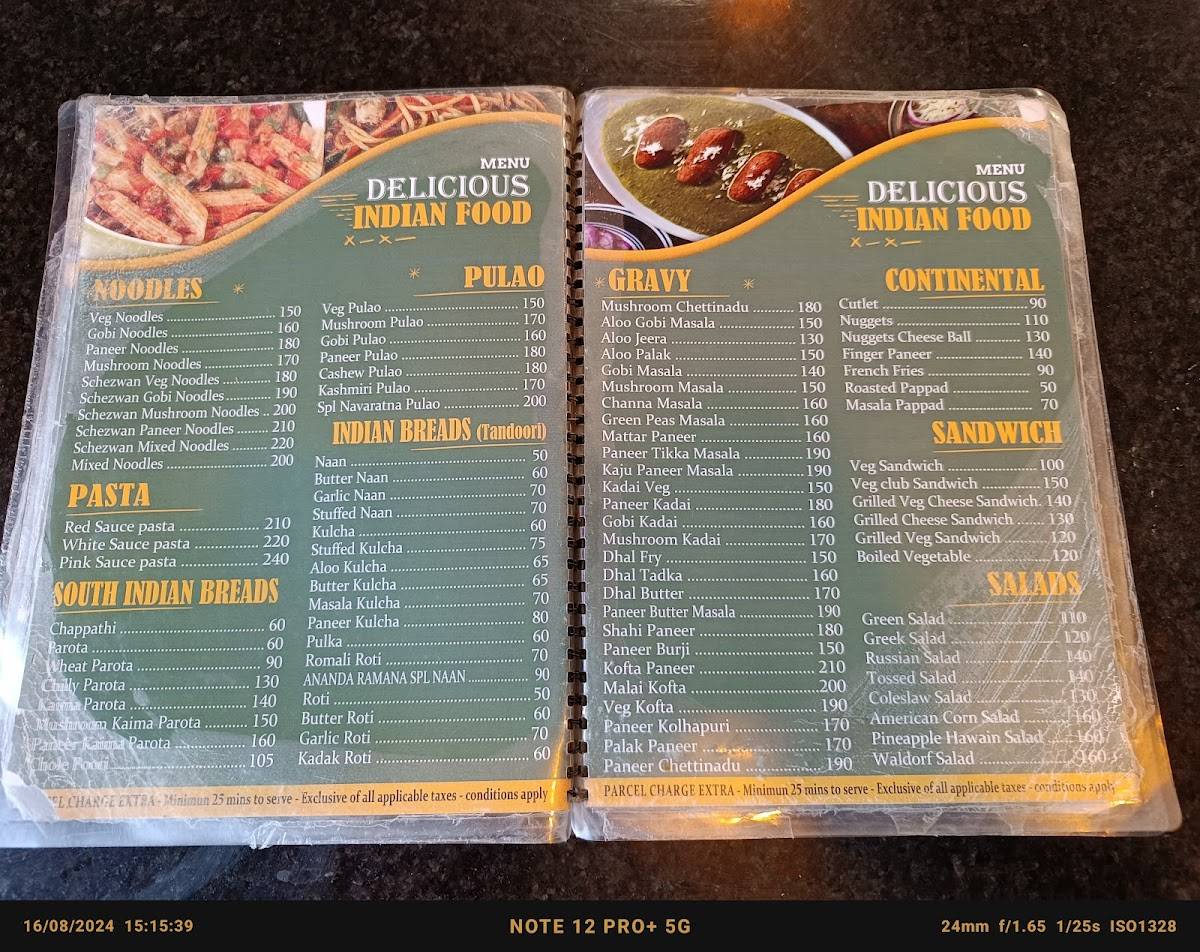 Menu at Ananda Ramana Restaurant, Tiruvannamalai