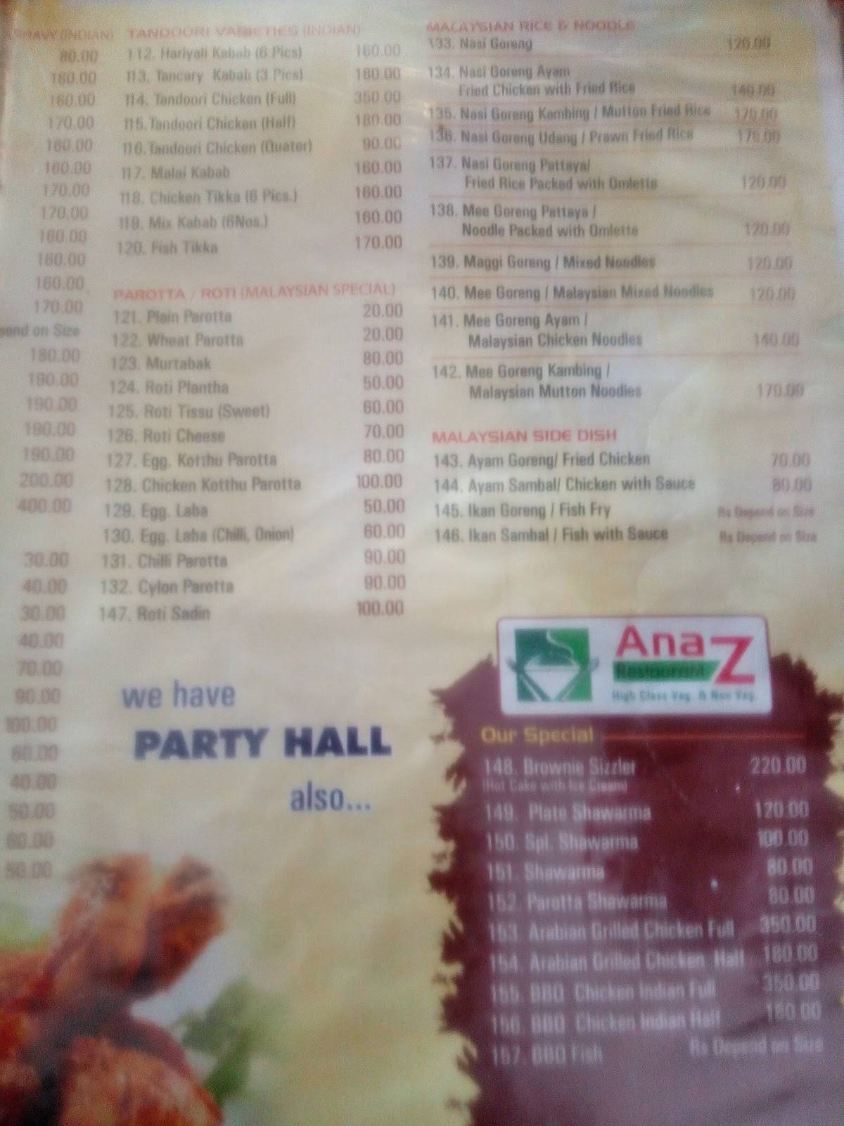 Menu at Anaz Restaurant, Kumbakonam