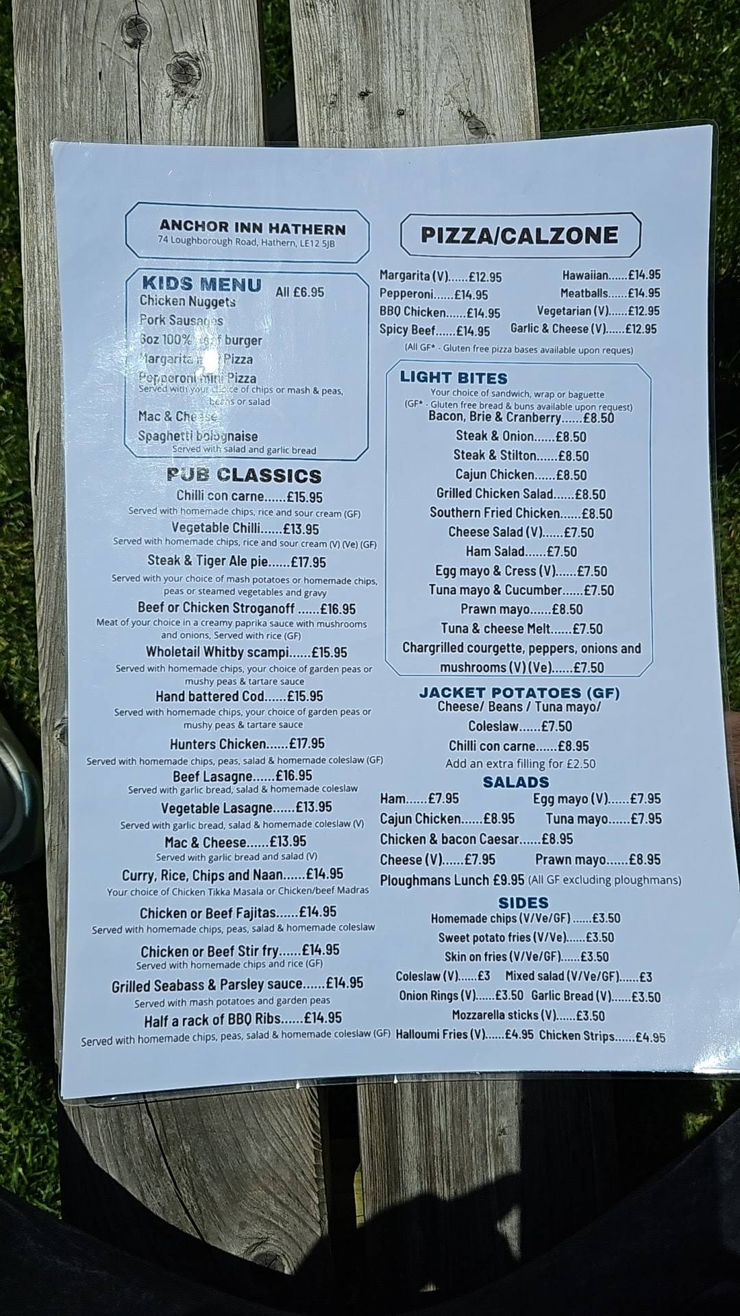 Menu at Anchor Inn Hathern pub & bar, Loughborough, 74 Loughborough Rd