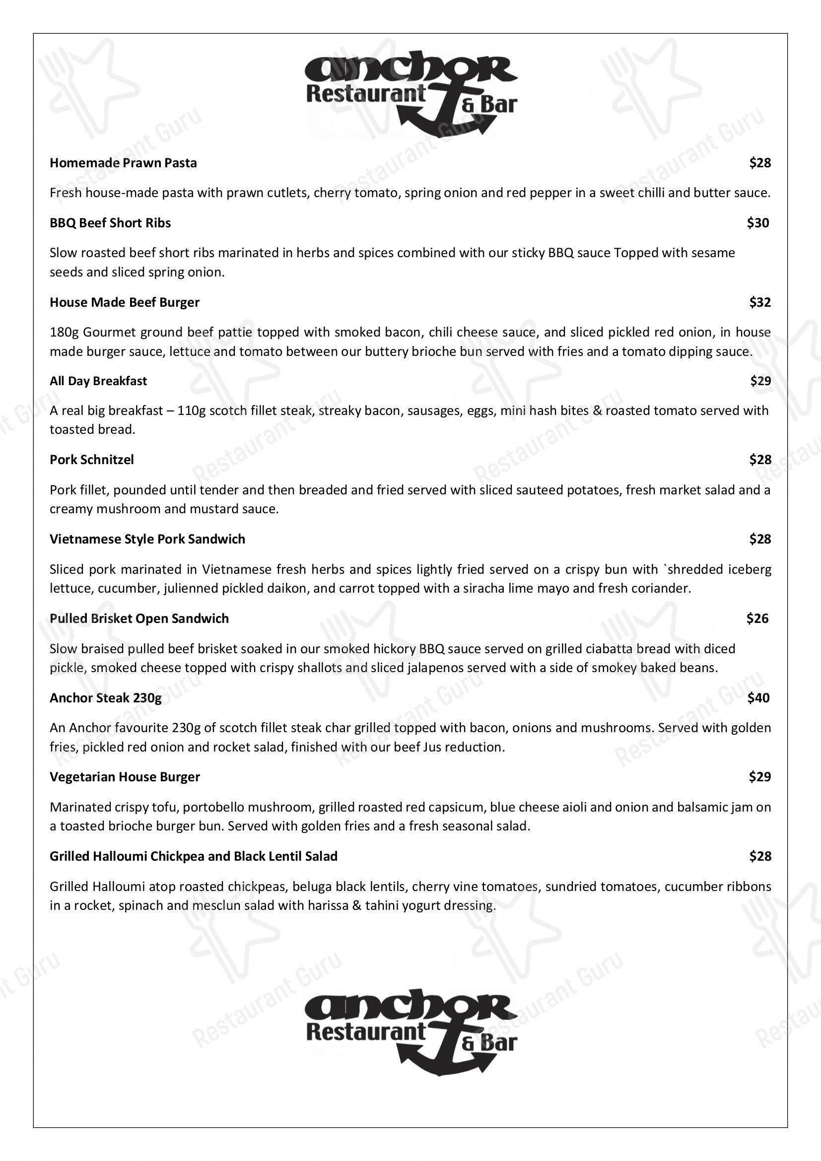 Menu at Anchor Restaurant & Bar, Nelson