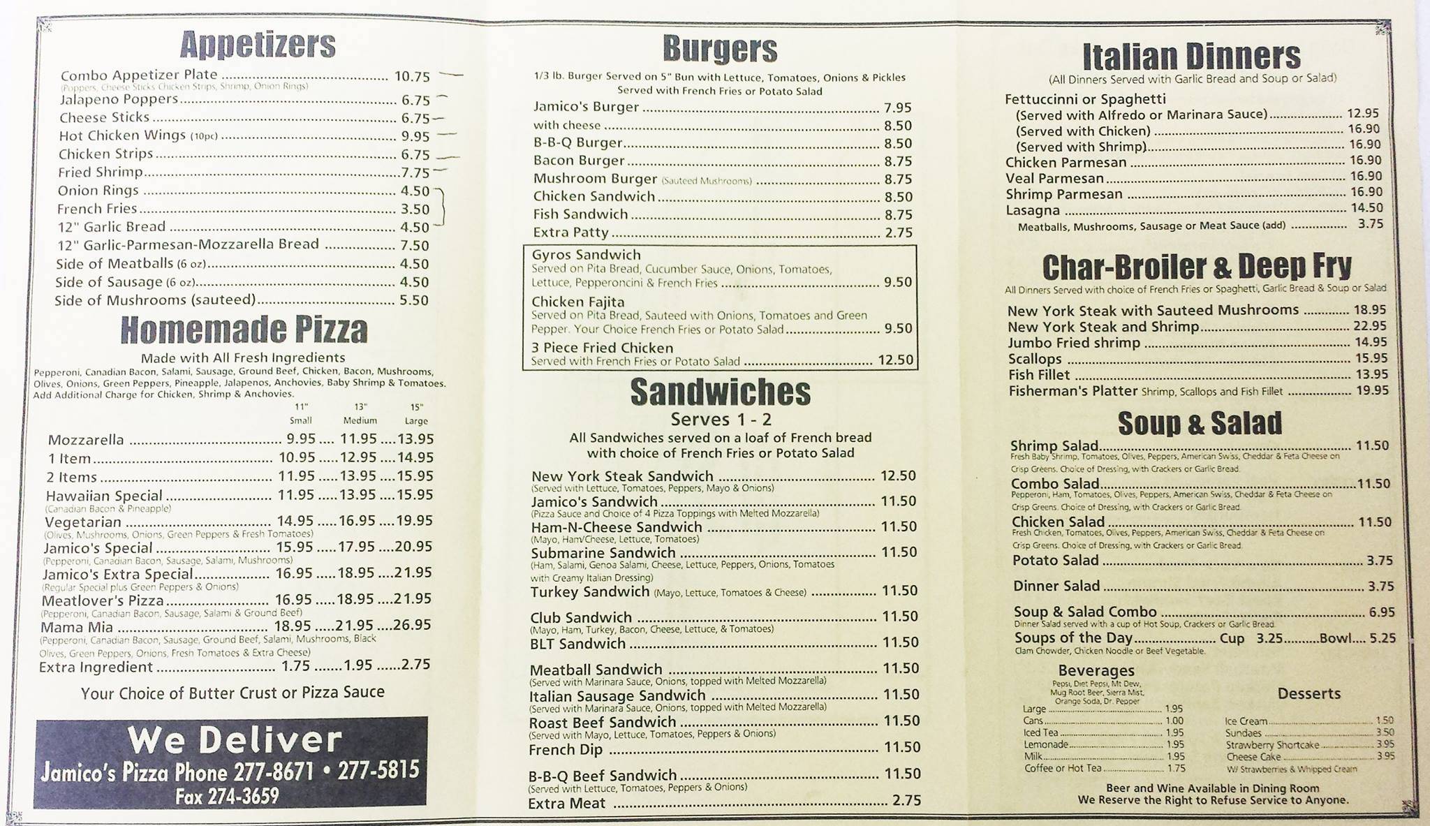 Menu at Jamico's Pizzeria Restaurant, Anchorage
