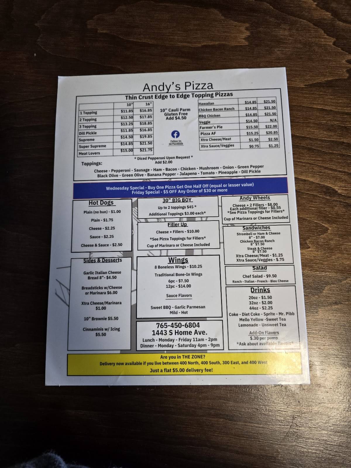 Menu at Andy's Pizza pizzeria, Kokomo