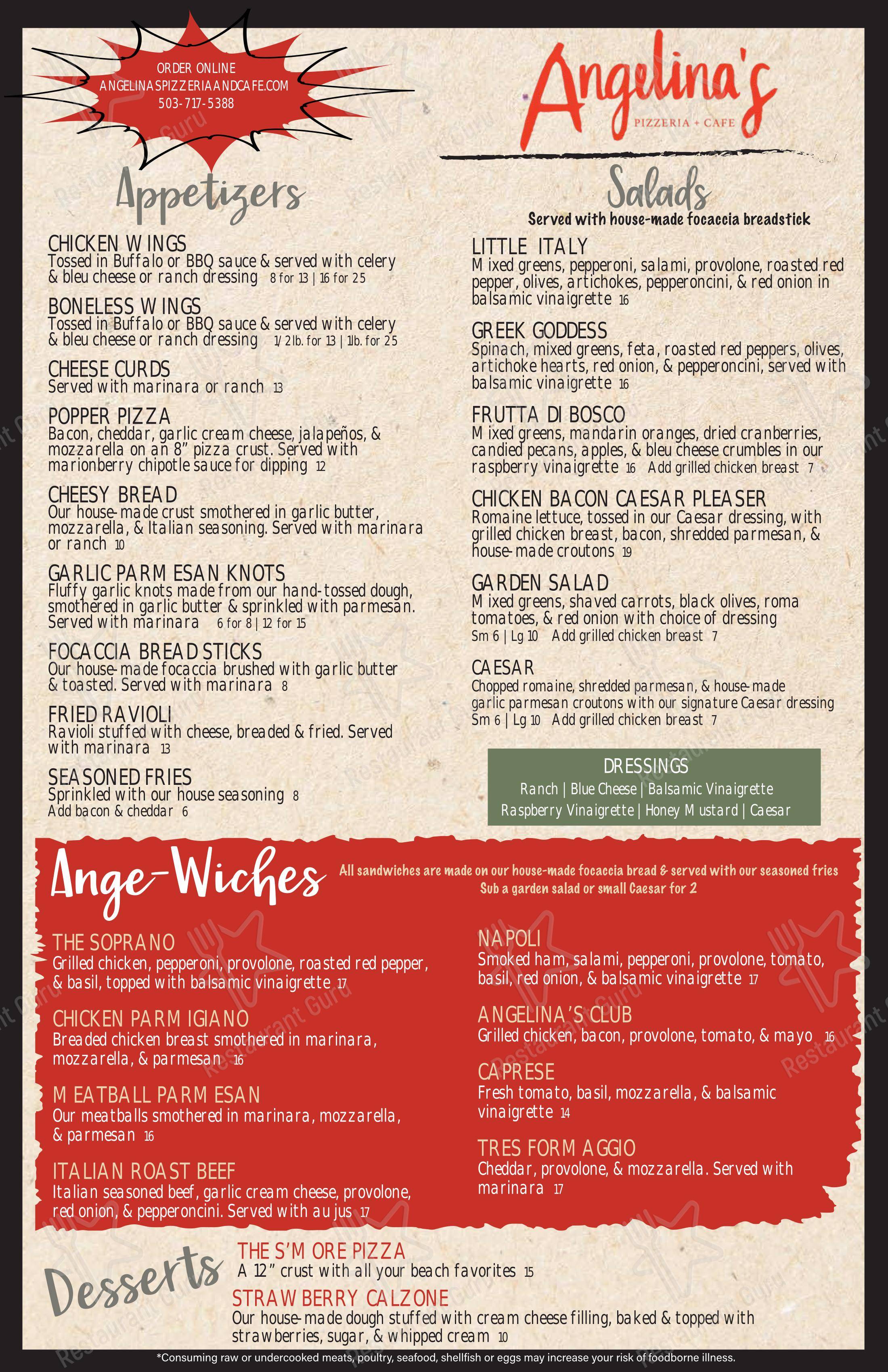 Menu at Angelina's Pizzeria & Cafe, Seaside, S Roosevelt Dr