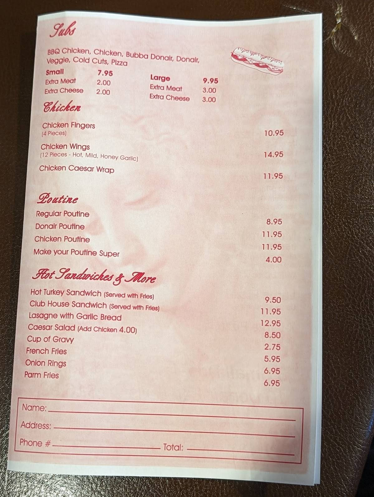 Menu at Angelina’s pizzeria, Debert
