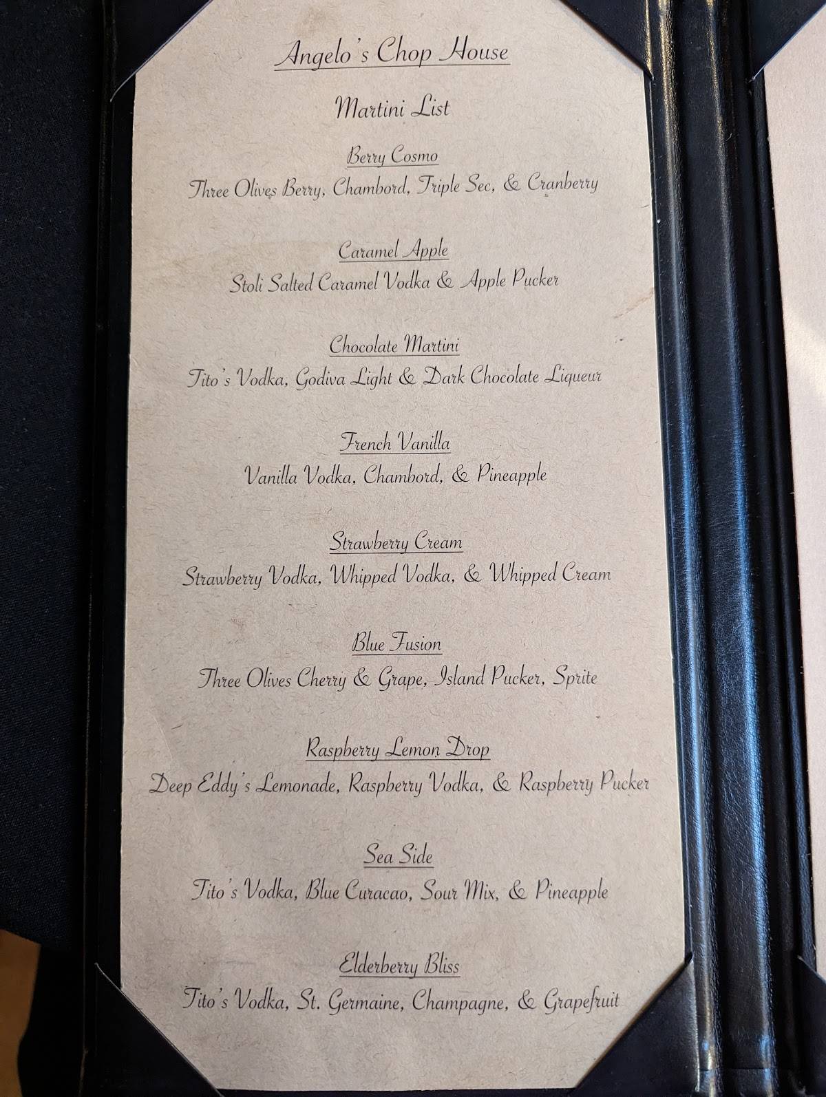 Menu at Angelo's Chop House steakhouse, Monroe