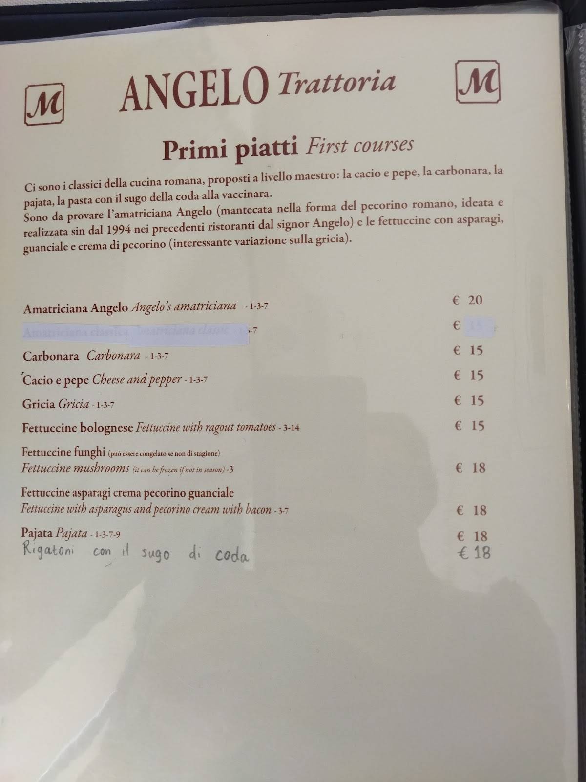 Menu da Angelo Ristorante Trattoria, Roma