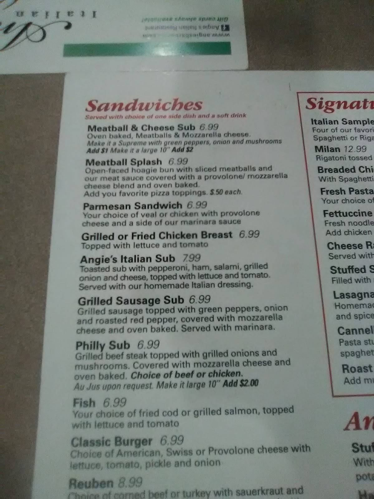 Menu at Angie's Italian Restaurant, Barberton