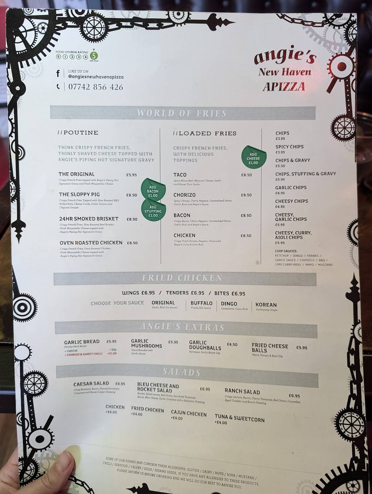 Menu at Angie's New Haven APizza restaurant, Enniskillen