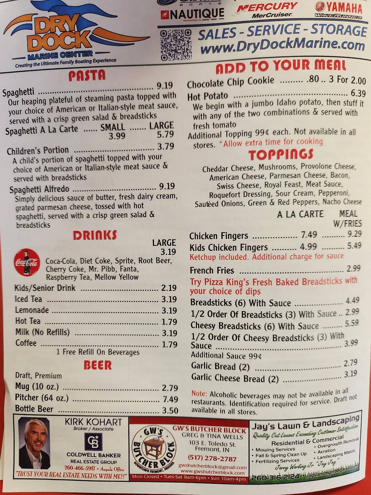 Menu at Pizza King pizzeria, Angola, N Wayne St