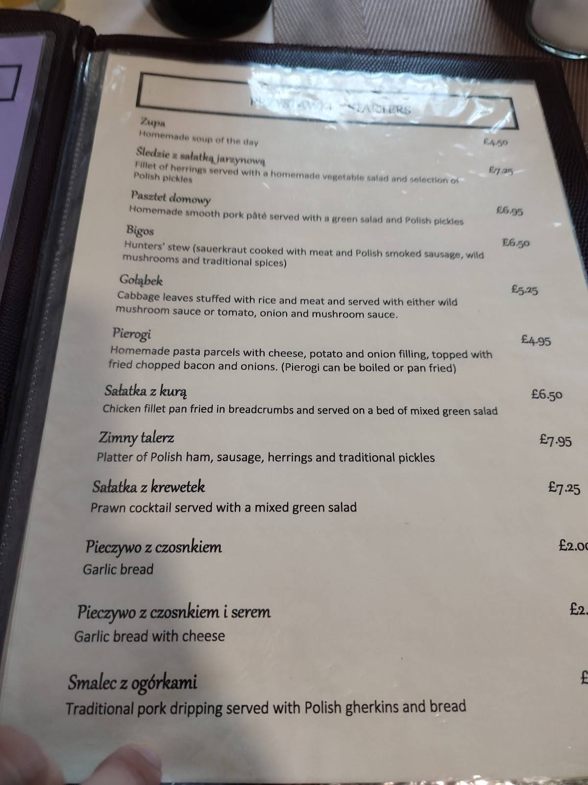 Menu at Ania Polish Restaurant, Nottingham