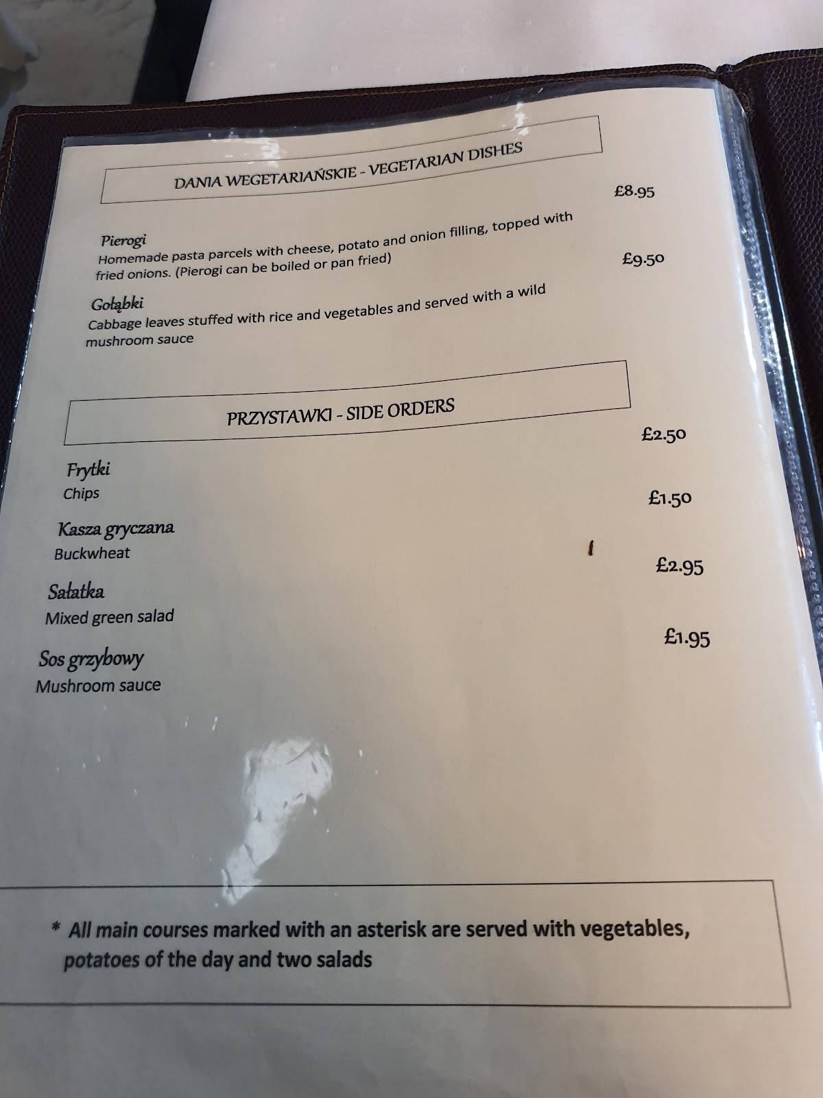 Menu at Ania Polish Restaurant, Nottingham