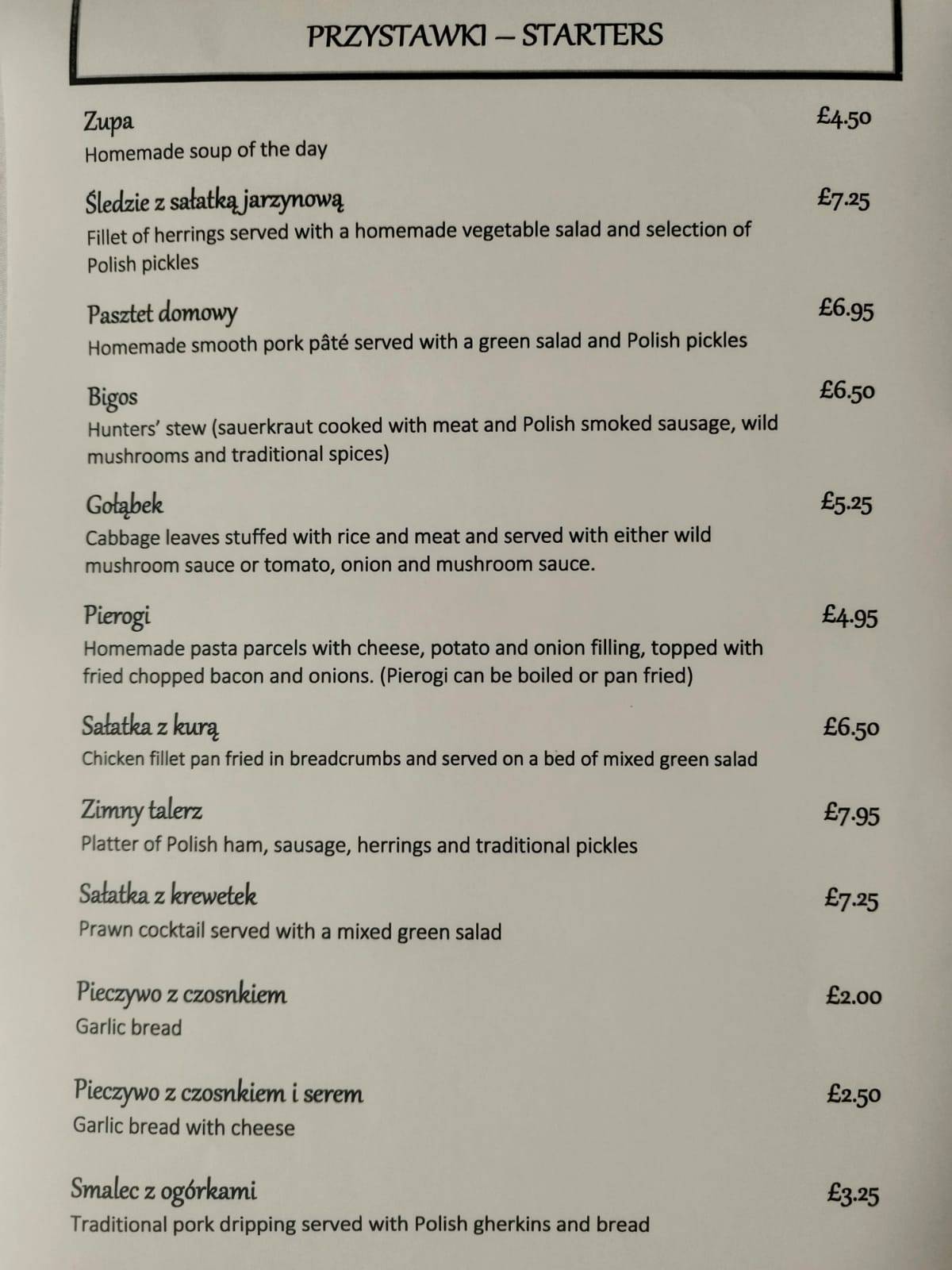 Menu at Ania Polish Restaurant, Nottingham